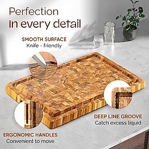 Yes4All Solid Teak Cutting Boards for Kitchen, [20''L x 15''W x 1.5” Thick] Large End Grain Butcher Block Cutting Board, Food Safe Surface Wood Cutting Boards with Juice Grooves and Easy Grip Handle