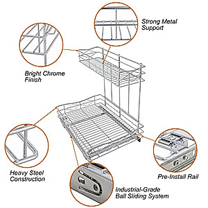 TQVAI Pull Out Cabinet Organizer, 2 Tier Under Sink Storage Shelf with Sliding Drawer, Wire Kitchen Slide Out Basket - 11.75W x 17D x 15.38H, Request at Least 12.5" Cabinet Opening