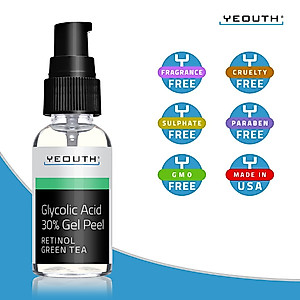 YEOUTH Glycolic Acid Peel for Face, At Home Exfoliator Aha 30% Glycolic Acid Face Peel with Retinol, Designed to Refresh & Smooth the Appearance of Skin 1oz