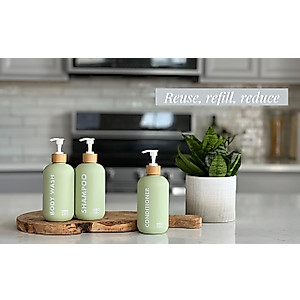 OLLIES Shampoo and Conditioner Dispenser, Shower Soap Dispenser for Bathroom-Set of 3 with Permanent Stylish Label-17oz, 500ml Refillable Shampoo and Conditioner Bottles Green