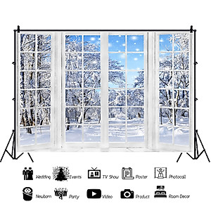 CRTPOD 15x10ft Winter Window Backdrop for Photoshoot Snow Forest Wonderland Background for Photography Holiday Christmas New Year Family Party Banner Wall Kids Portrait Studio Props