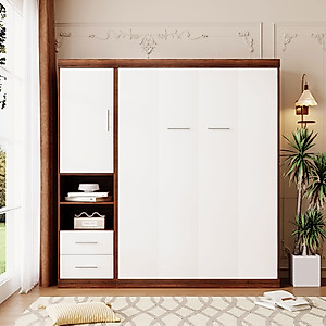 Hlcodca Murphy Bed, Full Size Murphy Bed Wall Bed with Storage Cabinet, Double -Layer Storage Rack, Double -Layer Drawer, Hide A Bed On A Cabinet, Space Saving