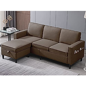 Horgaeo Convertible Sectional Sofa Couch, 3-Seat L-Shaped Couch with Storage Ottoman, Wooden Sofa Legs Modern Linen Fabric Reversible Chaise for Living Room, Bedroom, Apartment (Coffee), 78'' W