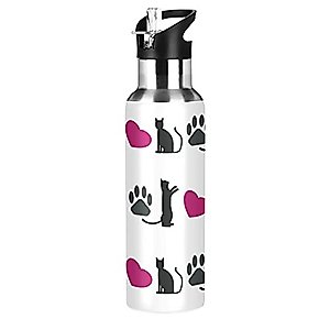 Yasala Water Bottle Black Cat Pink Heart Cute Coffee Thermos Stainless Steel Insulated Beverage Container 20 oz with Straw Lid BPA-Free for Sport, Travel, Camping, Back to School