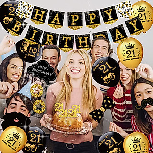 21st Birthday Decorations for him - (76pack) Black Gold Party Banner, Pennant, Hanging Swirl, Birthday Balloons, Tablecloths, Cupcake Topper, Crown, Plates, Photo Props, Birthday Sash for Men Gifts