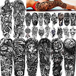 FANRUI 24 Sheets Cool Super Large Full Arm Temporary Tattoo Sleeve For Men with 8 Sheets For Women Thigh, 16 Sheets Flower Eagle Compass Adults Tribal Tiger Tatoo