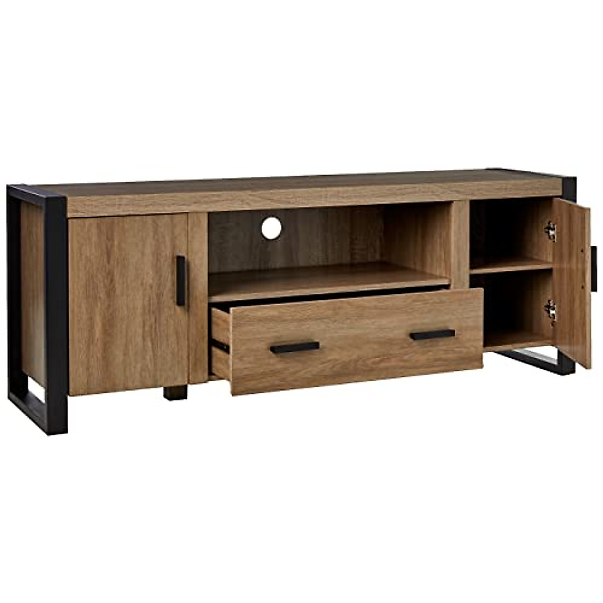 Walker Edison Industrial Modern Wood Universal TV Stand with Cabinet Doors and Open Shelves for TV's up to 64" Flat Screen Living Room Storage Entertainment Center, 60 Inch, Driftwood