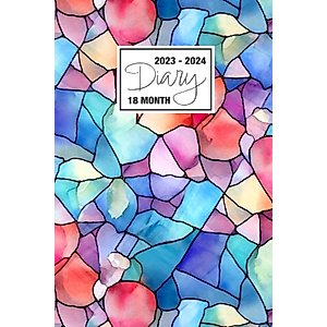 2023 - 2024: 18 Month Diary A5 Week to View on 2 Pages Weekly Journal Agenda WO2P Planner Jul 23 to Dec 24 Horizontal With Moon Phases, UK & US ... Mosaic Watercolour Vibrant Rainbow Colours