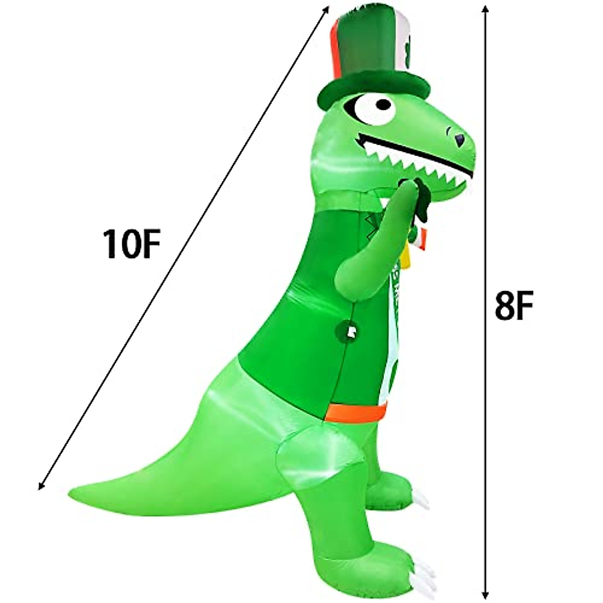 TURNMEON 8 Ft Tall 10 Ft Long Giant St. Patrick's Day Inflatable Decoration Outdoor, Blow Up Dinosaur Holding Irish Flag Shamrocks Hat Sash with LED Lights St Patrick Day Decorations Yard Garden Lawn