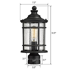 Emliviar Outdoor Post Light Fixtures, 15 Inch Farmhouse Modern Lamp Post Lighting for Outside, Black Finish with Seeded Glass, XE229P BK