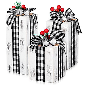 Amyhill 3 Pcs Christmas Wooden Gifts Box Decor Christmas White Black Plaid Presents Table Centerpieces Rustic Wooden Gifts Tiered Tray Decor with Buffalo Plaid Bowknot for Xmas Party Decor