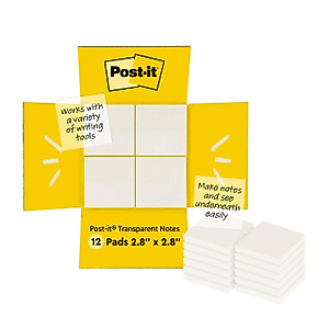 Post-it Transparent Sticky Notes, 3x3 in, 12 Pads/Pack, 36 Sheets/Pad, Sticks Securely and Removes Cleanly
