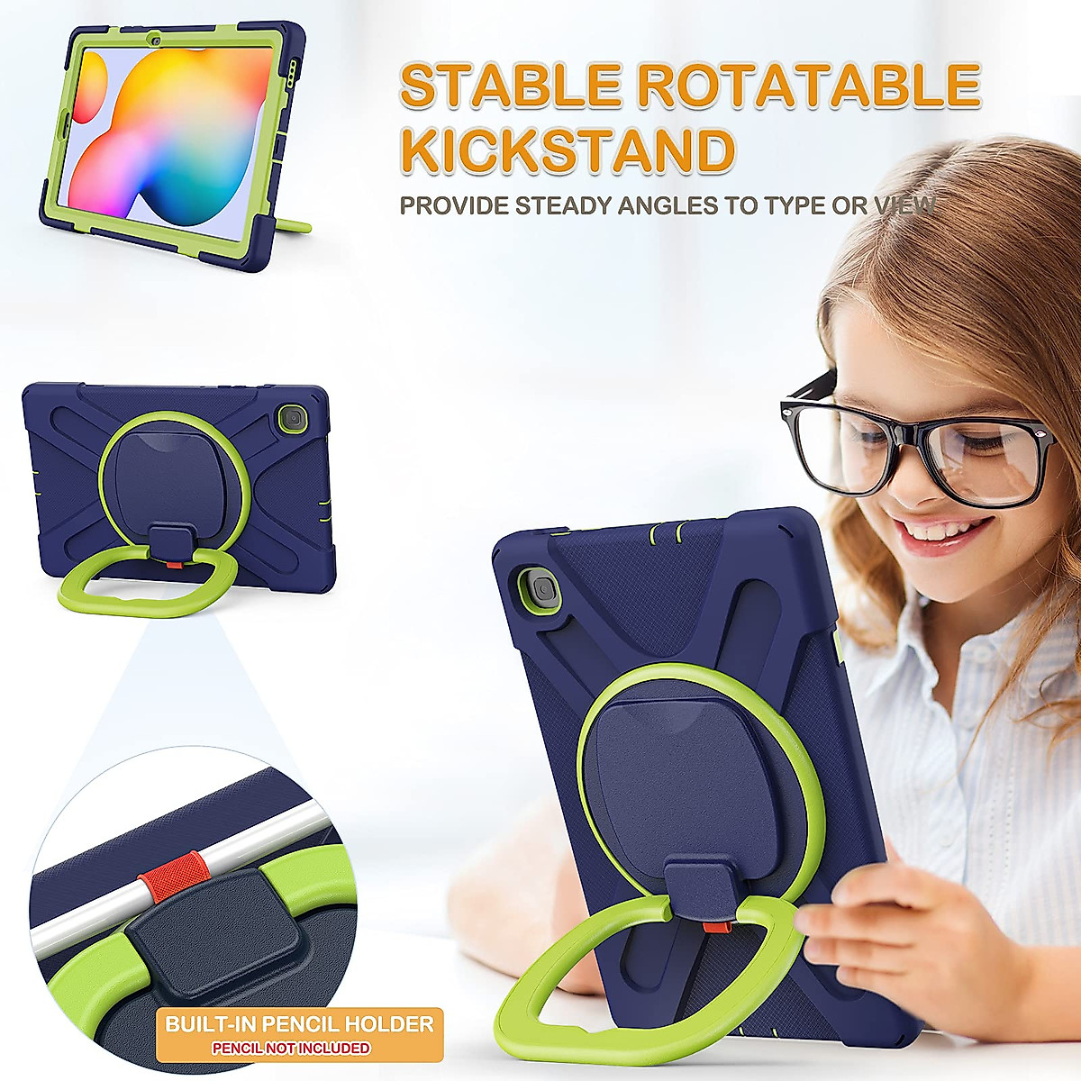 BRAECN Silicone Case for Samsung Galaxy Tab S6 Lite 10.4 Inch 2022/2020, Heavy Duty Rugged Case with Handle Grip, Shoulder Strap, Stable Kickstand, S Pen Holder, Navy+Green