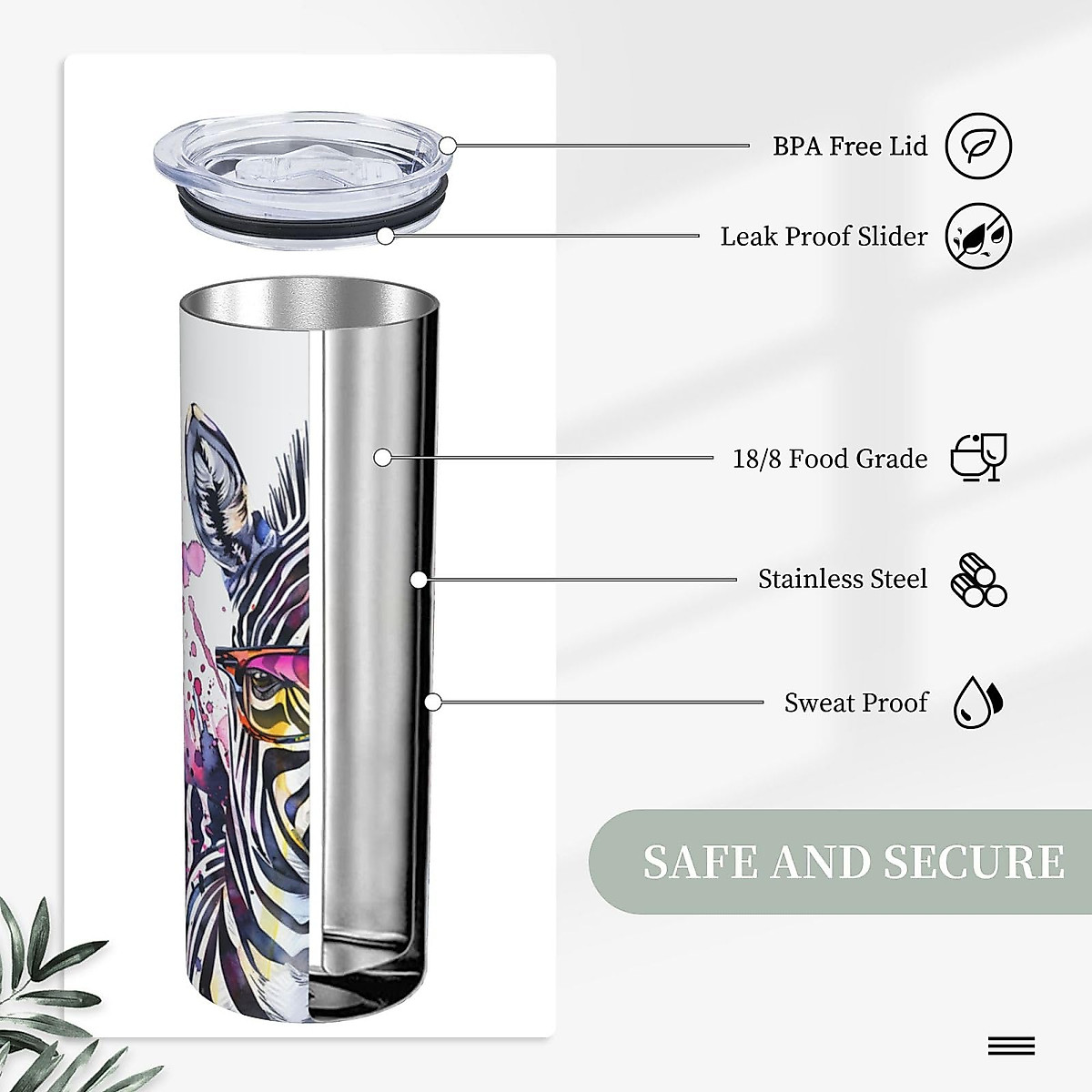 Tangopi Splash Zebra 20 oz Tumbler with Lid and Straw Insulated Travel Coffee Mug Reusable Spill Proof Coffee Cups Stainless Steel Water Bottle for Hot and Cold Drinks