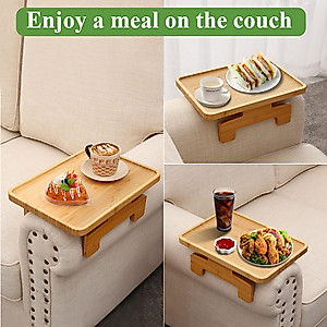Couch Arm Table Tray, Bamboo Sofa Arm Clip on Tray Tables, Arm Rest Table for Home, Couch Arm Tray for Small Spaces Drink Eating Dinner Table
