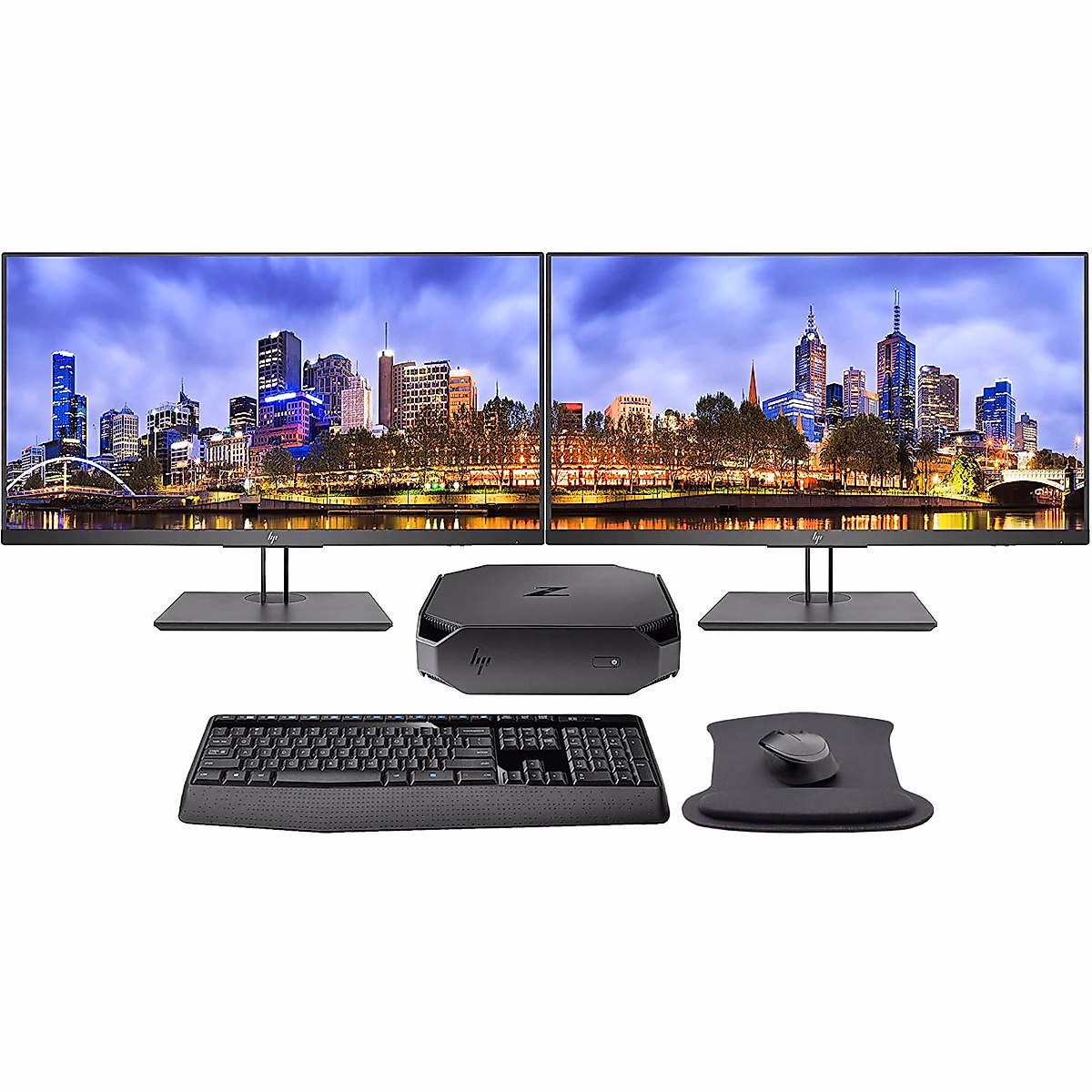 HP Z2 Mini G4 Workstation Bundle with Intel Xeon E-2144G, 16GB DDR4, 256GB NVMe SSD, 2 x HP Z27n Monitors, Quadro P600 Graphics, Wireless Keyboard and Gel Pad, Windows 10 Pro