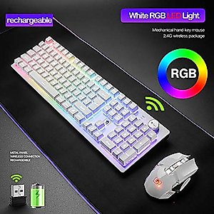Wireless Rechargeable Keyboard and Mouse Combo,2.4G Full-Size Mechanical Feel Rainbow Backlit Gaming Keyboards with 7-Key 2400DPl Mice for PC Laptop Computer Gamer(White&RGB Light)