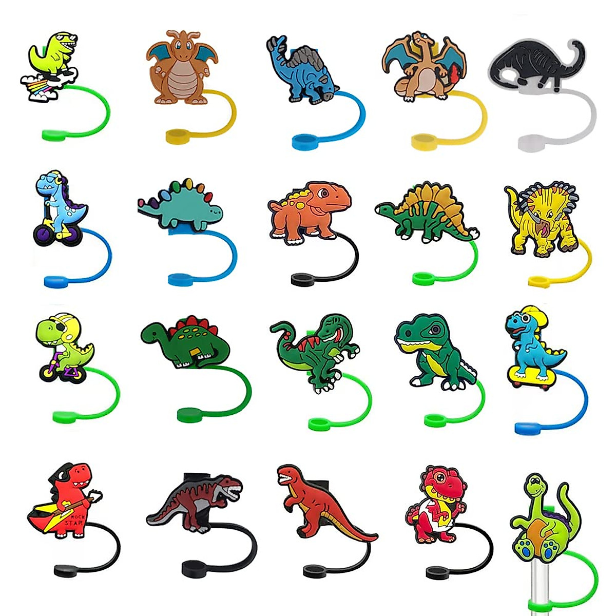 20pcs Silicone Dinosaur Straw Cover Pack Reusable Drinking Straw Caps Lids Dust-Proof Straw Plugs for Straw Tips for Kids Birthday Party Favors School Carnival Reward Prizes Decoration Supplies