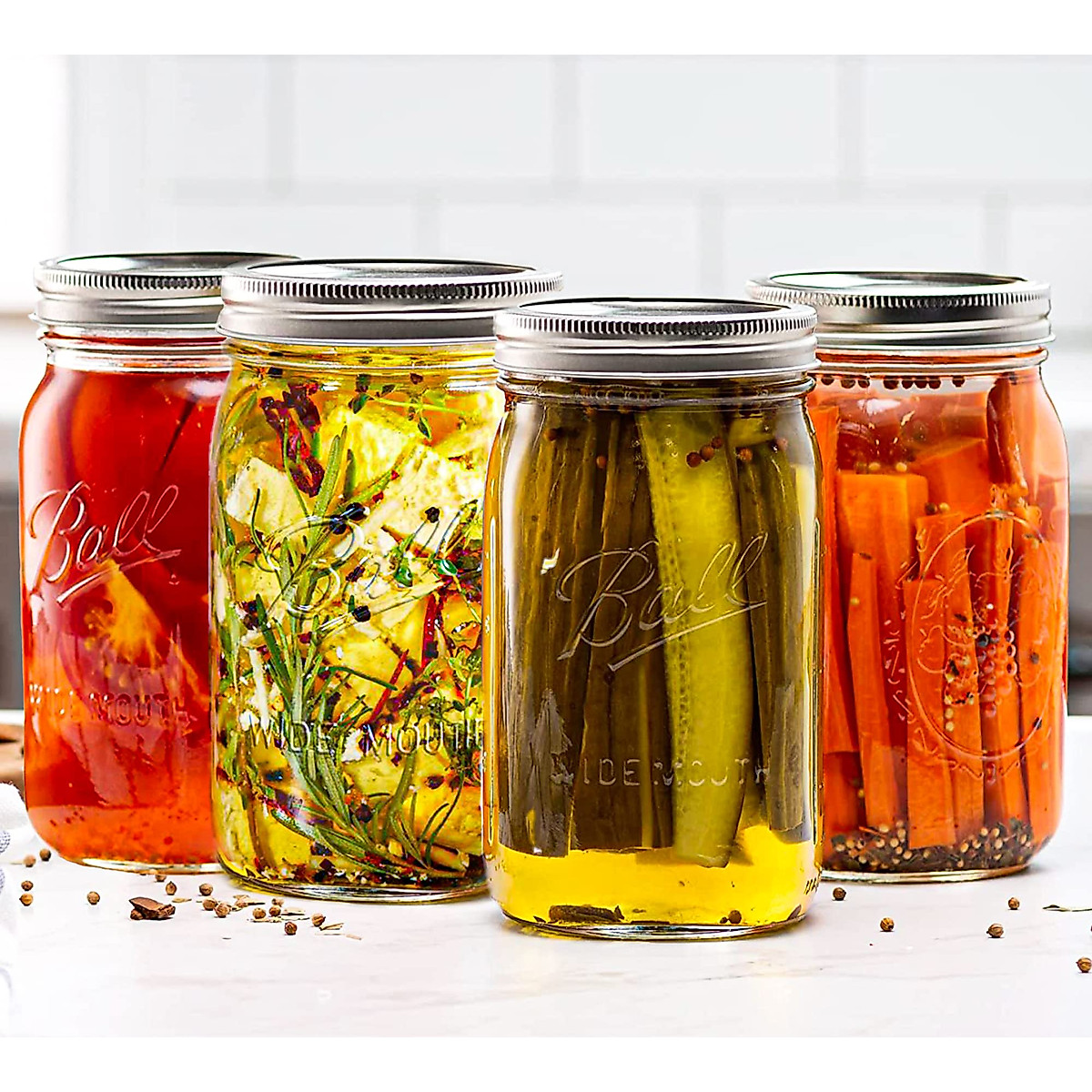 (2 Pack) - Ball Wide Mouth 32-Ounces Quart Mason Jars With Airtight lids and Bands - Clear Glass Mason Jars For Storage, Canning, Overnight Oats, Cold Brew Coffee + M.E.M Rubber Jar Opener Included