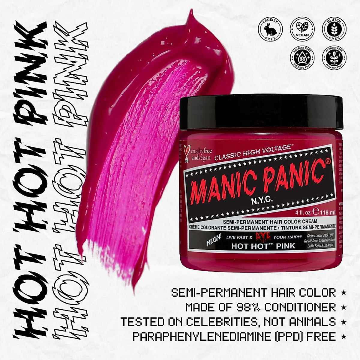MANIC PANIC Hot Hot Pink Hair Dye - Classic High Voltage - Semi Permanent Cool-toned Medium Neon Pink Hair Color That Glows In Blacklight - Vegan, PPD & Ammonia Free (4oz)