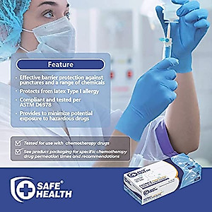 SAFE HEALTH Nitrile Exam Disposable Gloves, Latex Free, Powder Free, Blue, Box of 100, Medium, Textured, 3.5 mil, Chemo Rated, Chemical Resistant, Medical, Dental, Hospital, Pharmaceutical, Laboratory