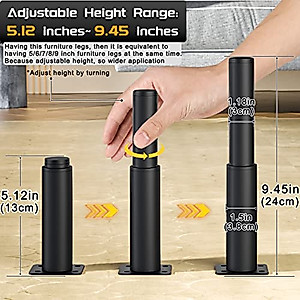 Metal Adjustable Furniture Legs 5.12-9.45 inch, Wlrrcwdttc Couch Legs Cabinet Legs Adjustable Height Replacement Support Leg for Sofa/Dresser/Bed/Chair/Coffee Table, Legs for Furniture Set of 4 -Black