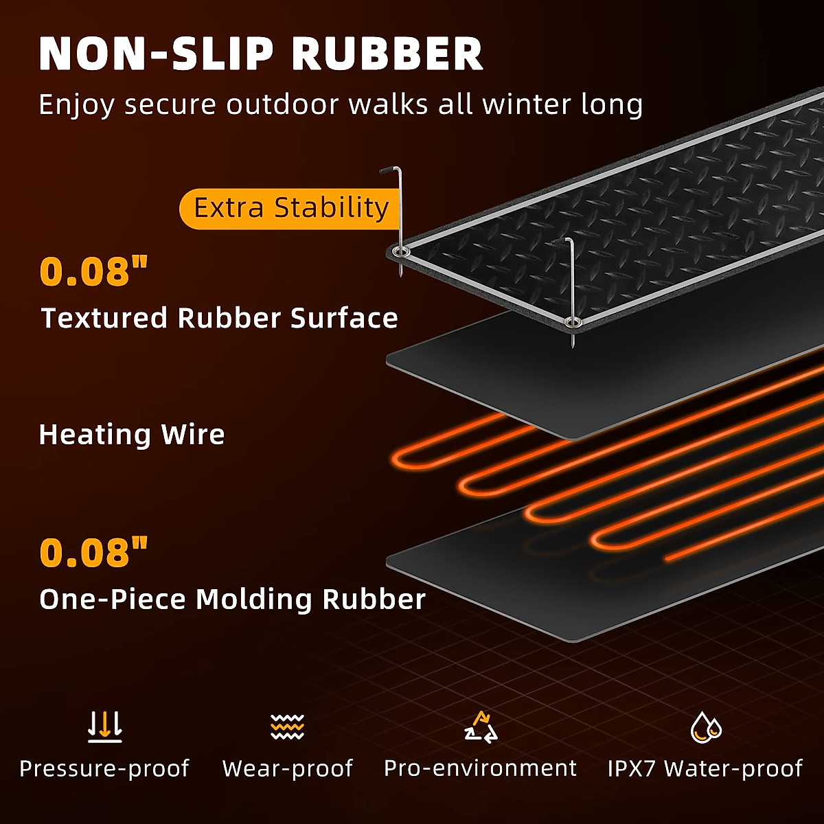 VEVOR Snow Melting Mat, 10 x 48 inch, 3 in/h Speed, Heated Outdoor Doormat for Winter Stairs, No-Slip Rubber with Plug, Power Cord, Outlet Timer, Reflective Strip, Velcro, Ground Stake, 10” x 48"