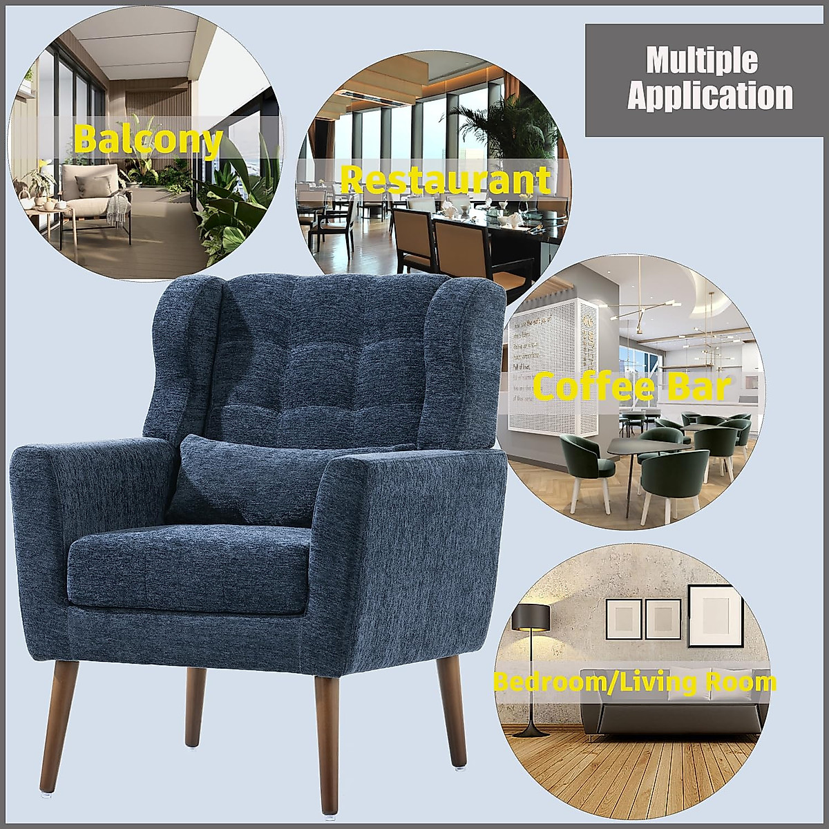 Modern Accent Chair,Chenille Fabric Reading Living Room Side Chair,Single Sofa with Wood Legs, Armchair for Living Room Bedroom(Dark Blue)