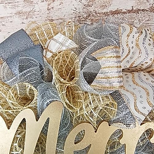 Silver Gold Ivory Christmas Wreath - Traditional Mesh Holiday Door Decor - Gold Ivory Cream TB7
