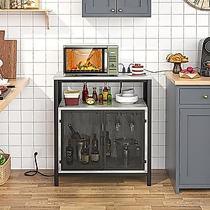 Unikito Wine Bar Cabinet with RGB Light and Outlet, FreeStanding Wine Rack Table, Liquor Cabinet with Glass Holder, Floor Bar Cabinet for Liquor and Glasses for Home Kitchen Dining Room, White Oak