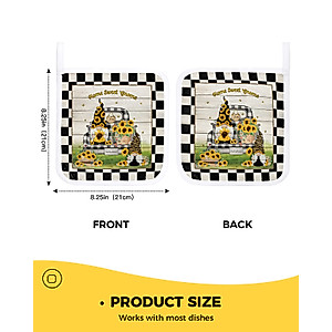 2Pcs Pot Holder with Hanging Loops, Farmhouse Pot Holder Set Cotton Heat Resistant Potholder Kitchen Hot Pads for Baking Cooking 8x8 inches Sunflower Gnome on The Truck with Black White Frame