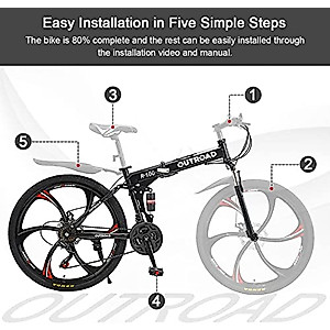 Outroad 26 Inch Folding Mountain Bike, 21 Speed Full Suspension High-Carbon Steel MTB Foldable Bicycle, Dual Disc Brake Non-Slip Folding Bikes for Adults/Men/Women, Black