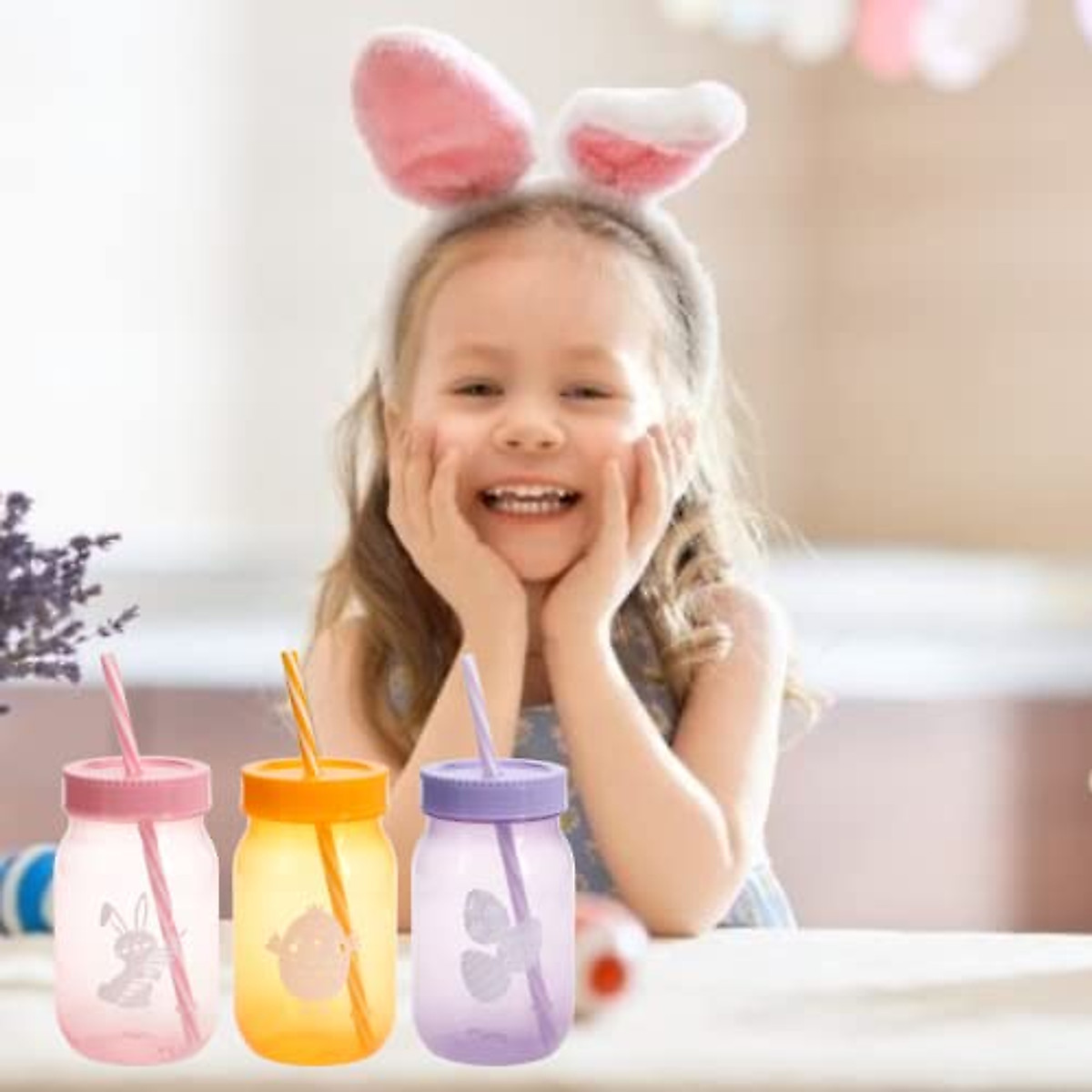 LLE Happy Easter Plastic Pint Jar Tumbler with Lids & Straw, 16oz Pastel Reusable Cups for Kids Adults Drinking Cup Water Juice Bottle Spring Summer Home Indoor Outdoor Use and Gifts Set of 3