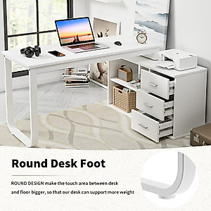 HOMBCK L Shaped Desk with Storage, White Desk Reversible L Shaped Desk with 3 Drawers and File Cabinet, Corner Desk with Hutch and Shelves, Long Computer Desk for Home Office, White