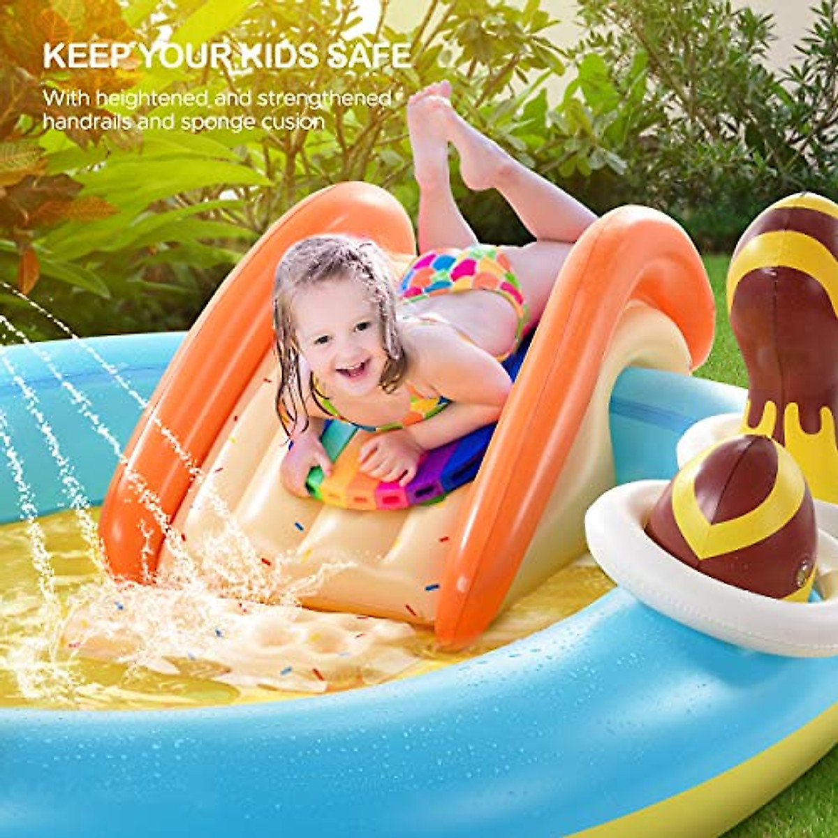 Inflatable Play Center, Hesung 98'' x 67'' x 32'' Kiddie Pool, Summer Inflatable Pool with Slide for Garden, Backyard Water Park, Fountain Arch, Extra Thick, Easy Set up for Ages 2+ Toddlers