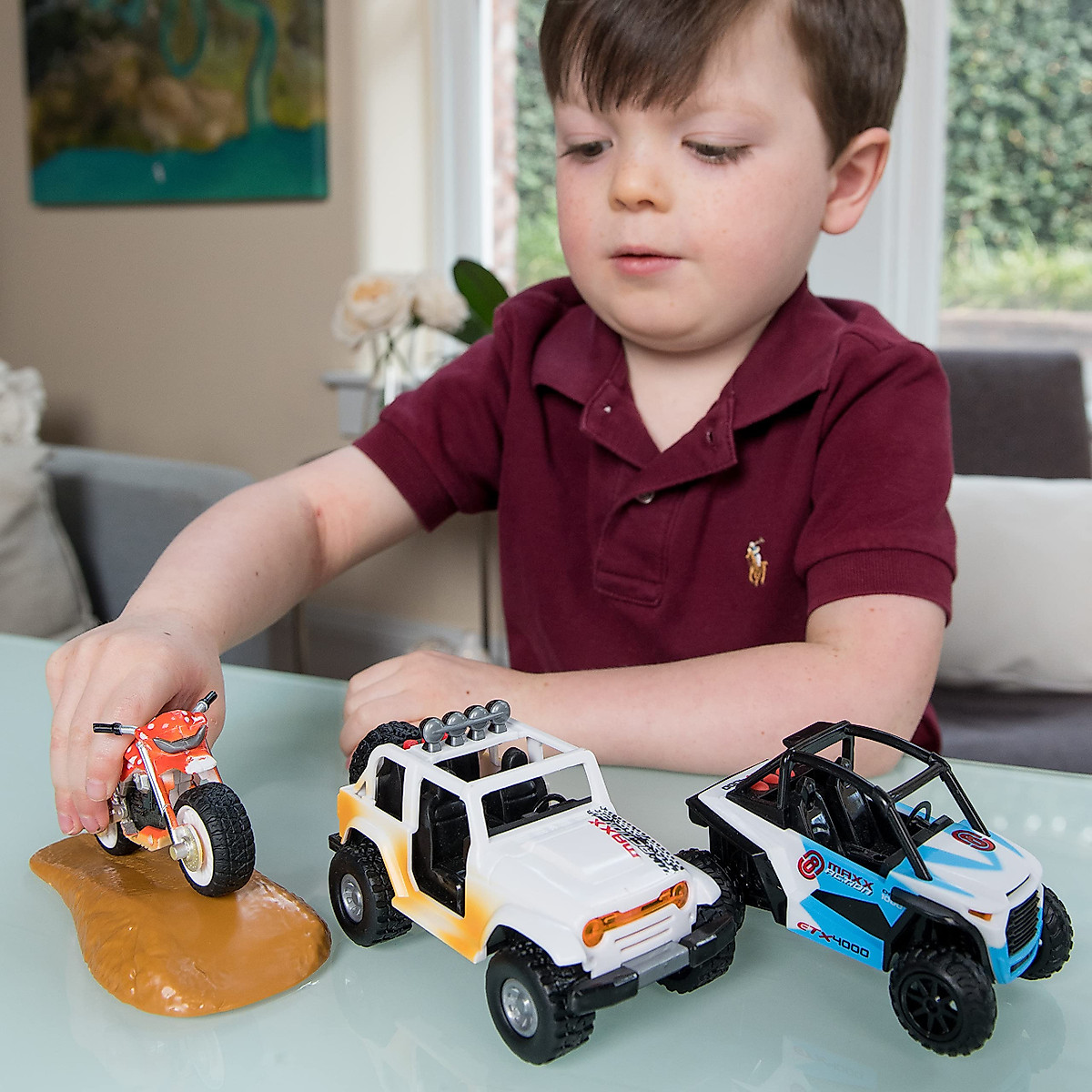 Sunny Days Entertainment Maxx Action Mini Off-Road Lights & Sounds Vehicles – 3 Pack with Motorcycle with Dirt Mound, ATV and Sports Vehicle