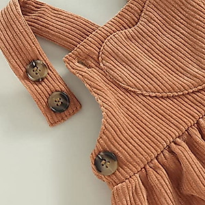 Baby Girl Fall Clothes Cute Graphic Long Sleeve Romper Bodysuit and Corduroy Suspender Skirt Suit for 3 6 9 12 18 Months (A Brown, 12-18 Months)