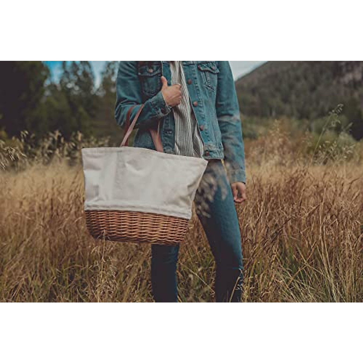 PICNIC TIME - Promenade Picnic Basket for 2 - Picnic Set with Canvas Tote Bag, (Beige Canvas)