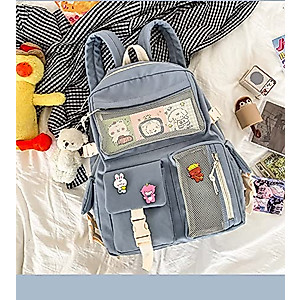 Kawaii Backpack Aesthetic Laptop Bag Large Capacity School Bag 17in Cute Bookbag Backpacks for Girls with Badge&Cute Pendant Blue2