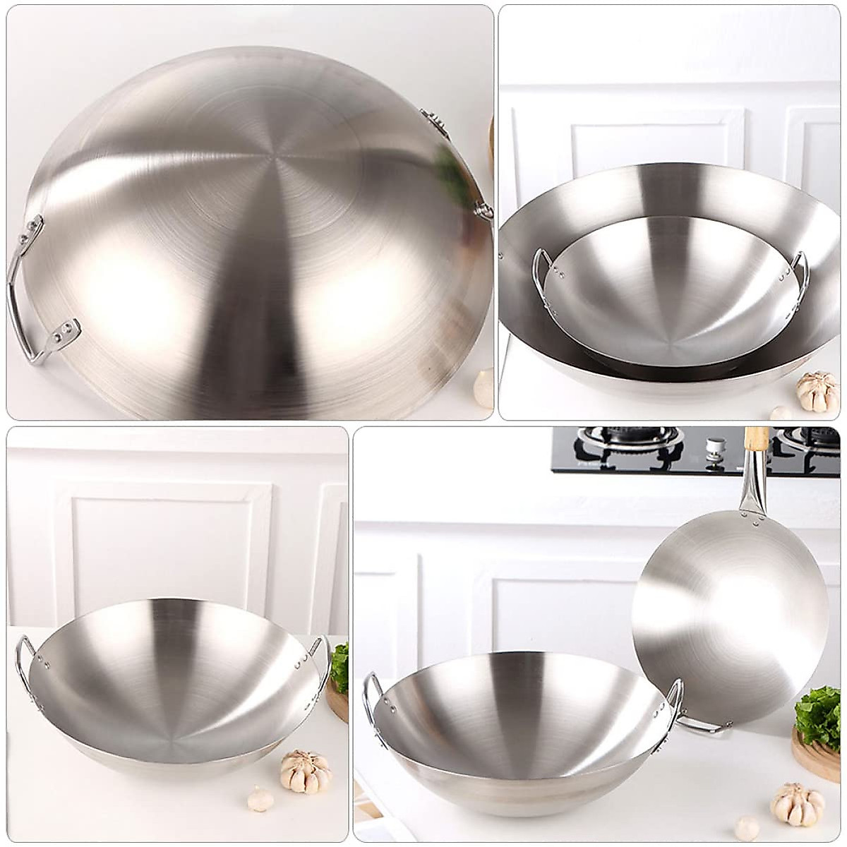 Alipis Camping Cooking Pot Stainless Steel Wok Round Bottom Outdoor Pot Woks Stir-fry Pans