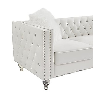 Melpomene Upholstered 60" Velvet Button Tufted Loveseat Sofa with Acrylic Legs,Luxury Chesterfield Sofa with 2 Pillows and Nailhead Trim Square Arms,Beige