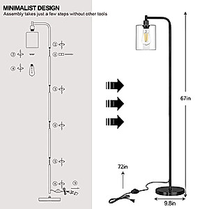 QiMH Industrial Floor Lamp for Living Room, Modern Standing Lamp with HD Glass Lampshade and Pedal Switch, 67” Tall Pole Light for Bedroom Study Room, Black (2700K LED Bulb Included)