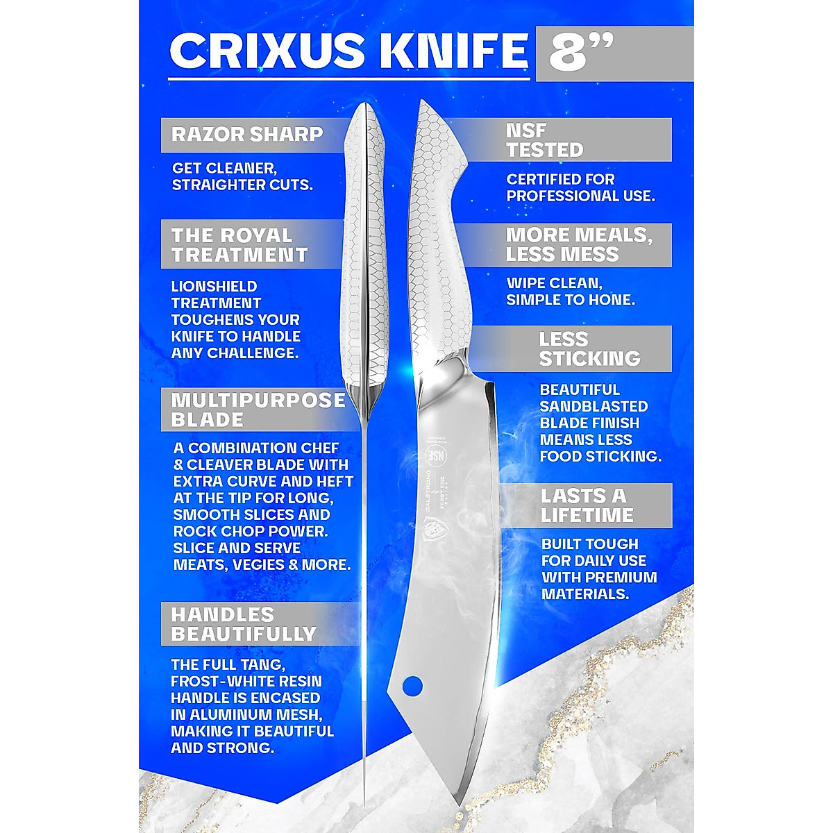 Dalstrong Cleaver & Chef Knife - 8"-Giftable'Crixus'-Frost Fire Series - High Chromium Steel-Frosted Sandblast Finish - White Handle - Leather Sheath - NSF Certified