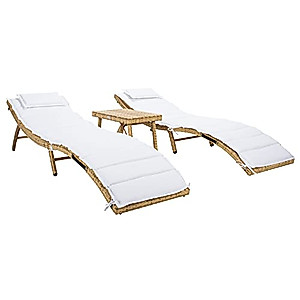 SAFAVIEH Outdoor Collection Carew Natural/White Cushion 3-Piece Chaise Lounge Chair Set with Table (PAT7720D)