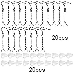 20pcs Stainless Steel French Earring Hooks Hypoallergenic Earring Fish Hooks with Beaded Chains Pinch Bail Clasps and 20pcs Clear Earring Backs for DIY Crafts Jewelry Making, Black
