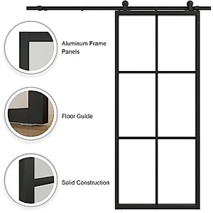 BARNSMITH 36in x 84in Frosted Glass Barn Door with 6.6FT Top Mounted Hardware kit DIY 6 Lites Tempered Glass Modern Aluminum Sliding Door Disassembled Easy Installation