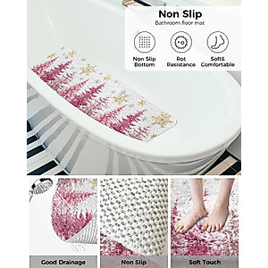 Shower Mat Non Slip Bathtub Mat Pink Christmas Xmas Tree Golden Snowflake Bath Mat Soft Loofah Shower Mats for Shower Tub Bathroom Quick Drying Foot Mat, 16x36 Inch