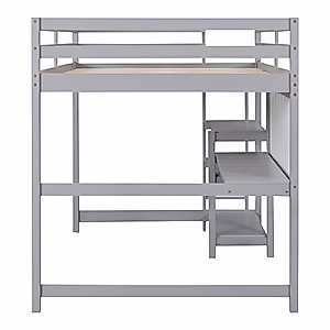 BIADNBZ Full Size Loft Bed with Desk, Shelves and White Writing Board, Wooden High LoftBed Frame, for Kids Teens Bedroom, Gray