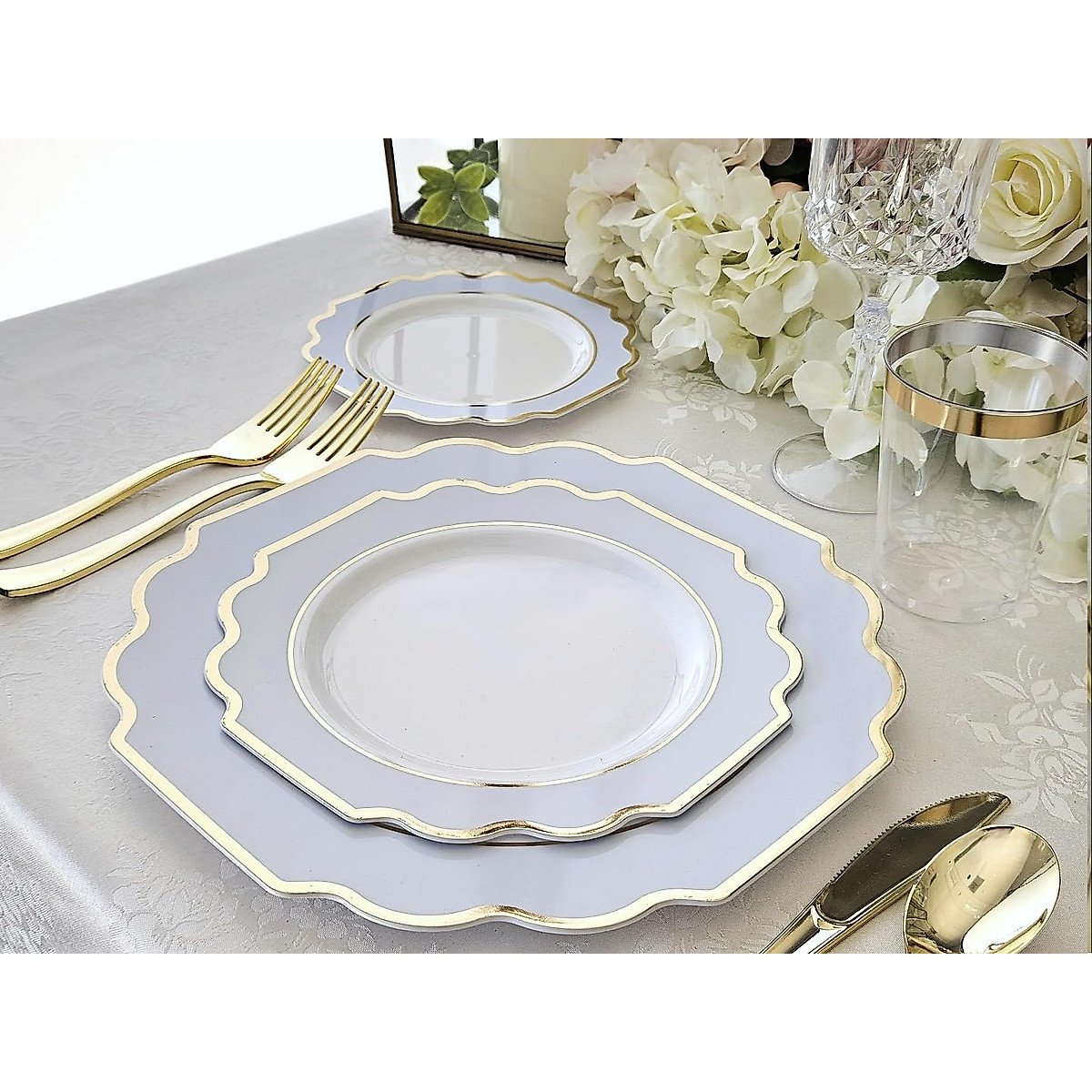 " OCCASIONS " 50 Plates Pack (25 Guests)-Heavyweight Wedding Party Disposable Plastic Plate Set -(25x10.5'' Dinner + 25x8'' Salad/dessert (Imperial in White/Blue & Gold)