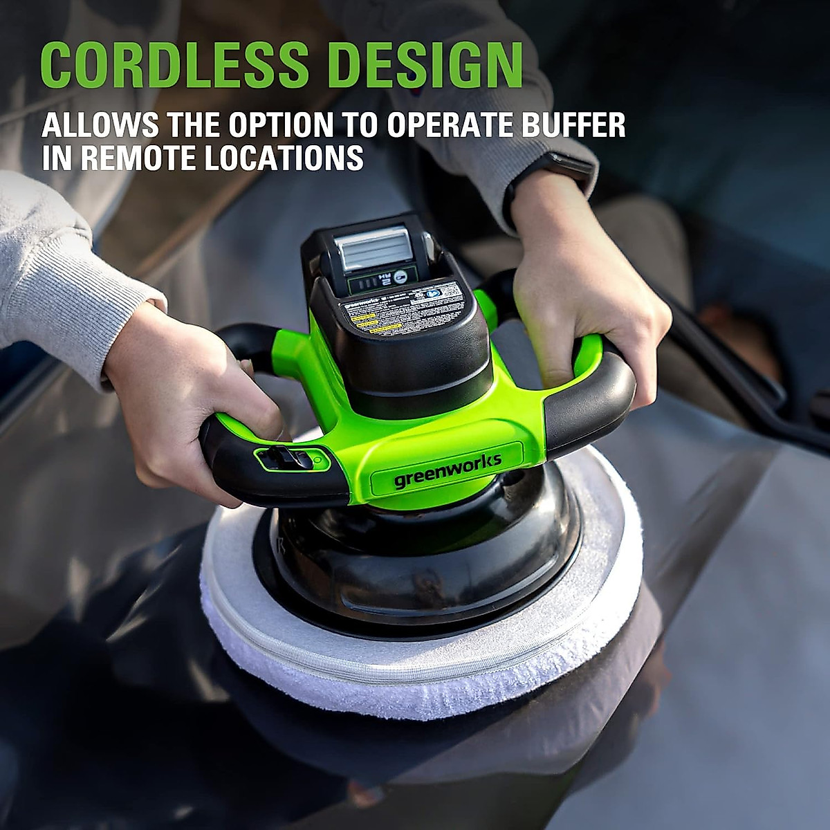 Greenworks 24V Powerful Cordless Car Buffer & Polisher, 10-inch pad 2800 RPM waxing machine with 4 Buffing Bonnets, 2.0Ah Battery & 2A Charger included